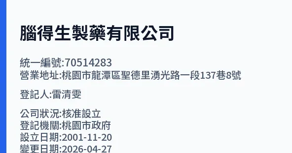 腦得生製藥有限公司的照片-統編 70514283(桃園市) 公司登記資料與營業項目詳細圖表