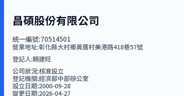 昌碩股份有限公司的照片-統編 70514501(彰化縣) 公司登記資料與營業項目詳細圖表