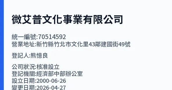 微艾普文化事業有限公司的照片-統編 70514592(新竹縣) 公司登記資料與營業項目詳細圖表