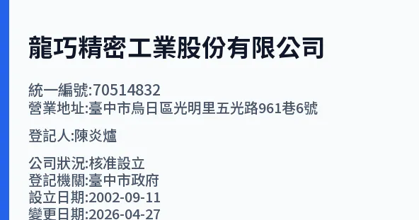 龍巧精密工業股份有限公司的照片-統編 70514832(臺中市) 公司登記資料與營業項目詳細圖表