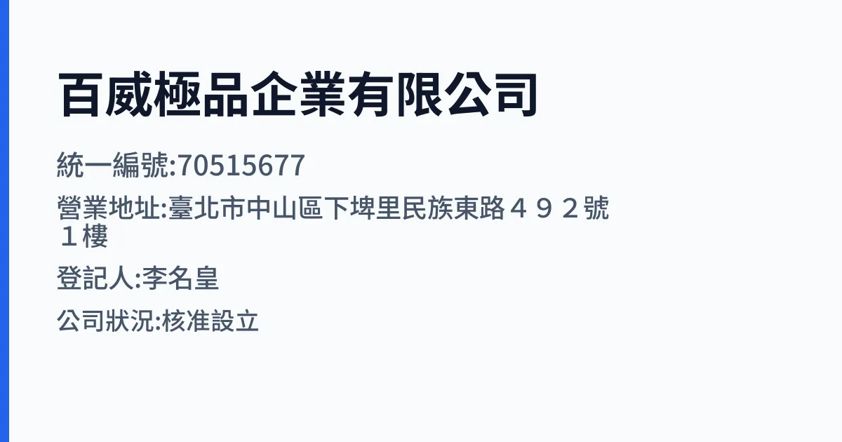 百威極品企業有限公司 - 統編 70515677(臺北市) 公司登記資料與營業項目詳細圖表