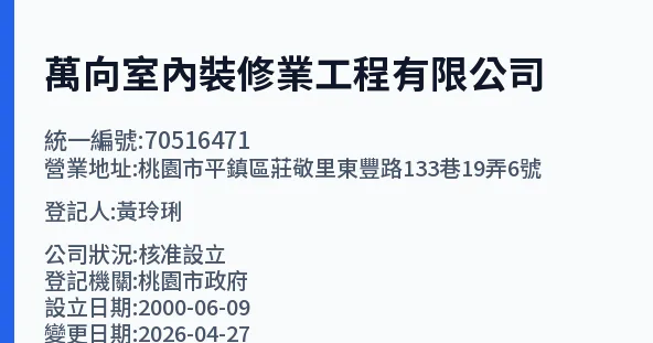 萬向室內裝修業工程有限公司的照片-統編 70516471(桃園市) 公司登記資料與營業項目詳細圖表