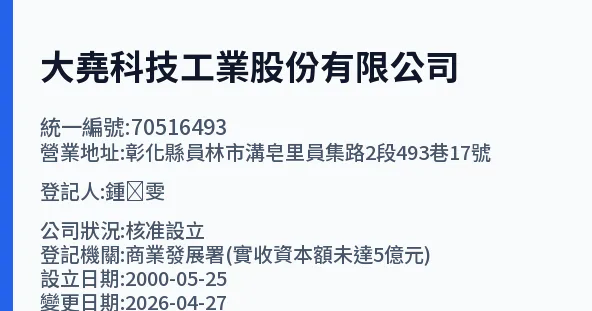 大堯科技工業股份有限公司的照片-統編 70516493(彰化縣) 公司登記資料與營業項目詳細圖表