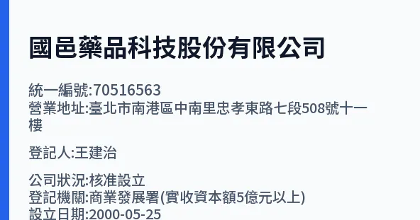 國邑藥品科技股份有限公司的照片-統編 70516563(臺北市) 公司登記資料與營業項目詳細圖表