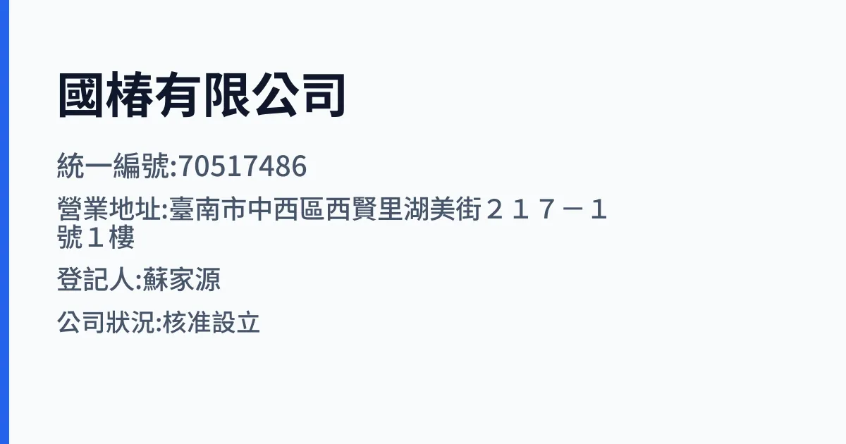 國椿有限公司 - 統編 70517486(臺南市) 公司登記資料與營業項目詳細圖表