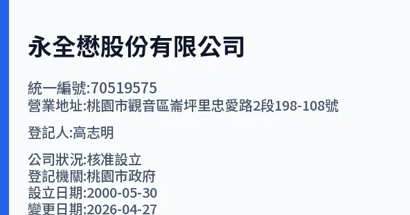 永全懋股份有限公司的照片-統編 70519575(桃園市) 公司登記資料與營業項目詳細圖表
