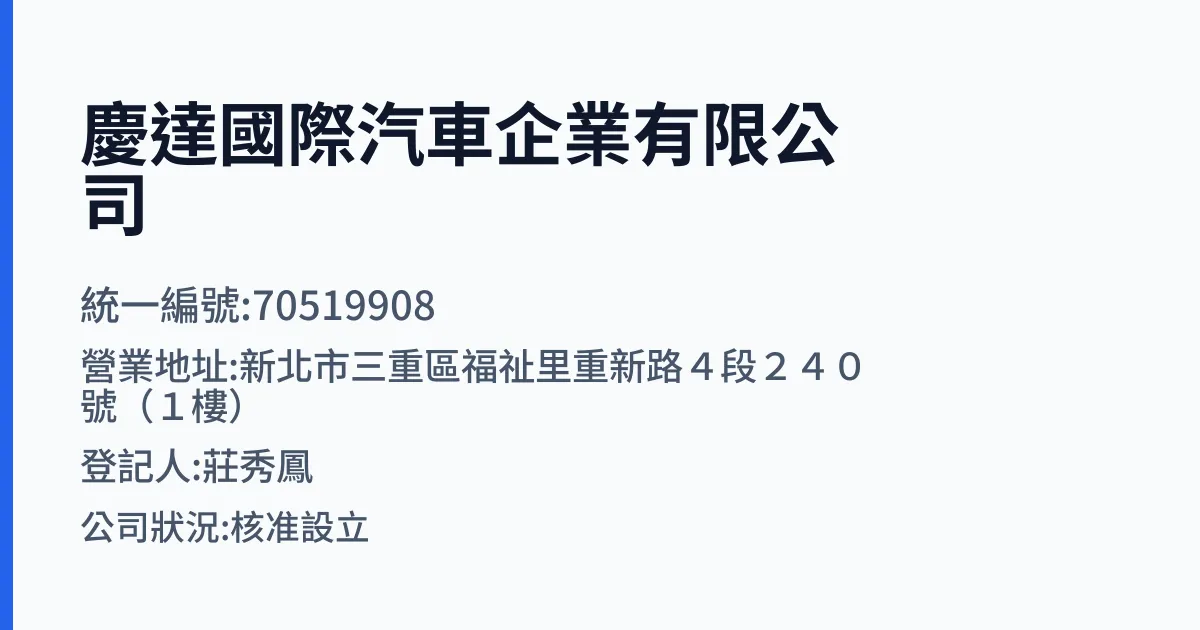 慶達國際汽車企業有限公司 - 統編 70519908(新北市) 公司登記資料與營業項目詳細圖表