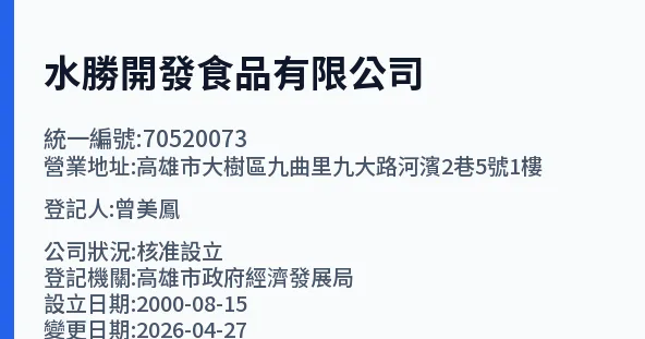 水勝開發食品有限公司的照片-統編 70520073(高雄市) 公司登記資料與營業項目詳細圖表
