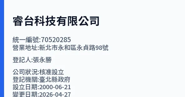 睿台科技有限公司的照片-統編 70520285(新北市) 公司登記資料與營業項目詳細圖表