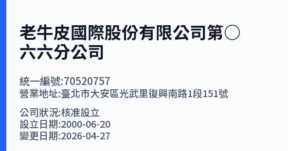 老牛皮國際股份有限公司第○六六分公司的照片-統編 70520757(臺北市) 公司登記資料與營業項目詳細圖表
