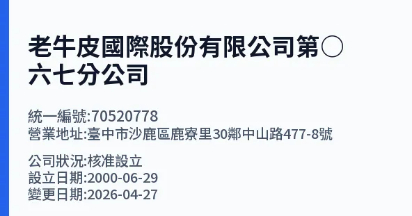 老牛皮國際股份有限公司第○六七分公司的照片-統編 70520778(臺中市) 公司登記資料與營業項目詳細圖表