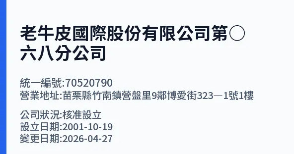 老牛皮國際股份有限公司第○六八分公司的照片-統編 70520790(苗栗縣) 公司登記資料與營業項目詳細圖表