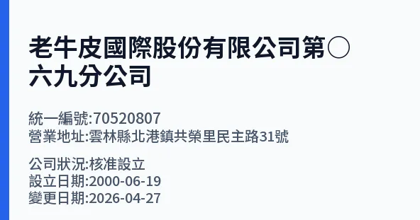 老牛皮國際股份有限公司第○六九分公司的照片-統編 70520807(雲林縣) 公司登記資料與營業項目詳細圖表