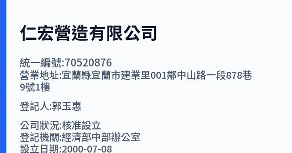 仁宏營造有限公司的照片-統編 70520876(宜蘭縣) 公司登記資料與營業項目詳細圖表