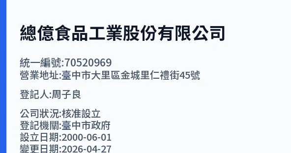 總億食品工業股份有限公司的照片-統編 70520969(臺中市) 公司登記資料與營業項目詳細圖表