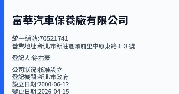 富華汽車保養廠有限公司的照片-統編 70521741(新北市) 公司登記資料與營業項目詳細圖表