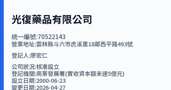 光復藥品有限公司的照片-統編 70522143(雲林縣) 公司登記資料與營業項目詳細圖表