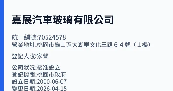 嘉展汽車玻璃有限公司的照片-統編 70524578(桃園市) 公司登記資料與營業項目詳細圖表