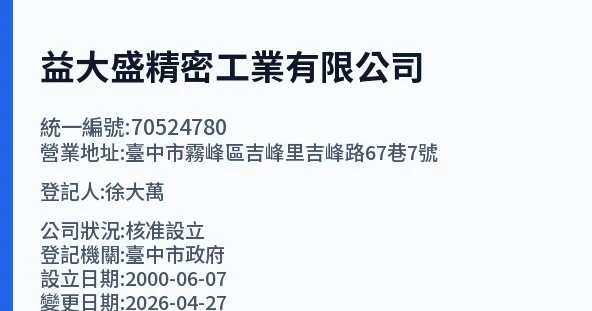 益大盛精密工業有限公司的照片-統編 70524780(臺中市) 公司登記資料與營業項目詳細圖表