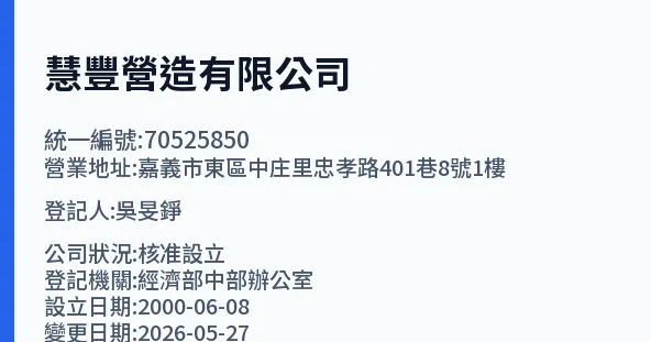 慧豐營造有限公司的照片-統編 70525850(嘉義市) 公司登記資料與營業項目詳細圖表