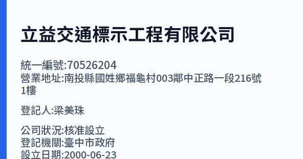 立益交通標示工程有限公司的照片-統編 70526204(南投縣) 公司登記資料與營業項目詳細圖表