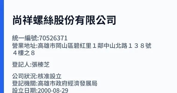 尚祥螺絲股份有限公司的照片-統編 70526371(高雄市) 公司登記資料與營業項目詳細圖表