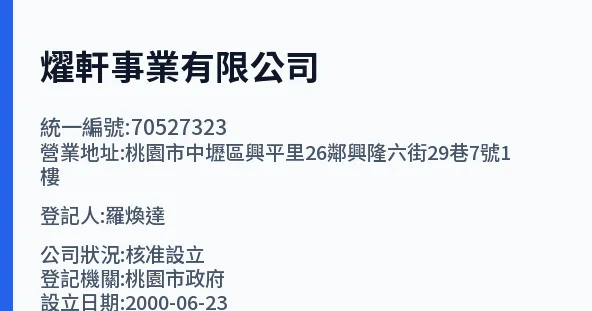 燿軒事業有限公司的照片-統編 70527323(桃園市) 公司登記資料與營業項目詳細圖表
