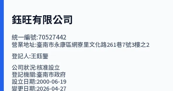 鈺旺有限公司的照片-統編 70527442(臺南市) 公司登記資料與營業項目詳細圖表