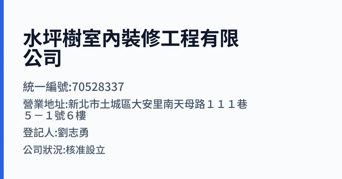水坪樹室內裝修工程有限公司 - 統編 70528337(新北市) 公司登記資料與營業項目詳細圖表