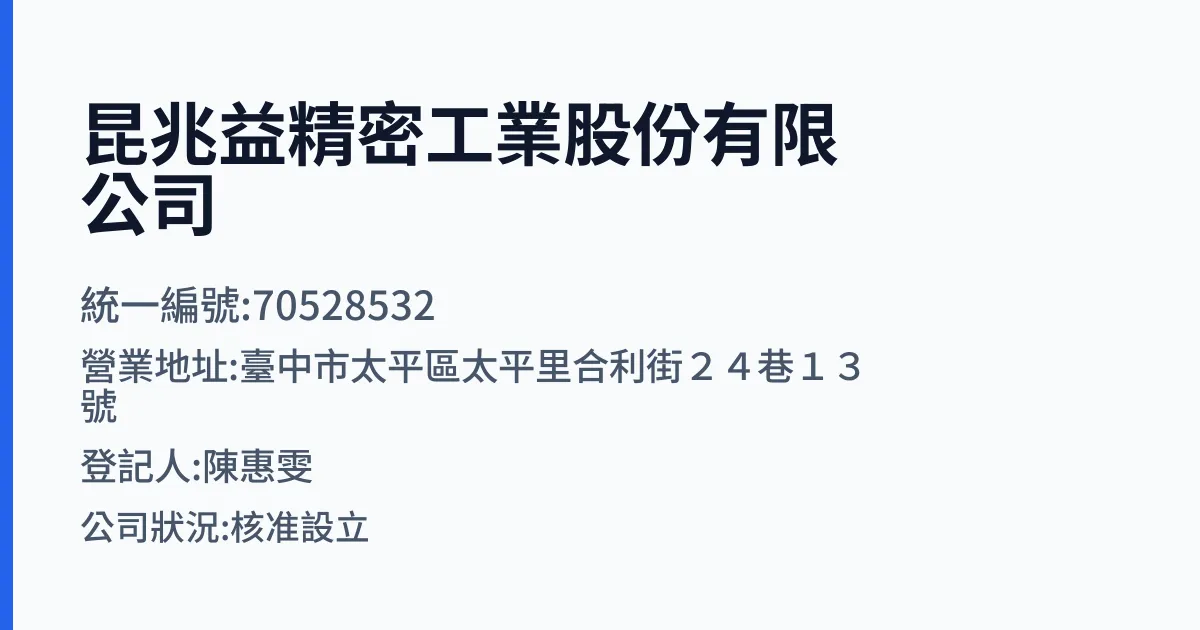 昆兆益精密工業股份有限公司 - 統編 70528532(臺中市) 公司登記資料與營業項目詳細圖表