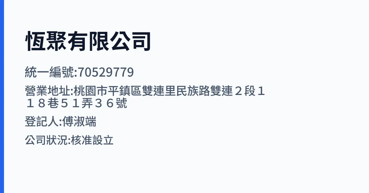 恆聚有限公司 - 統編 70529779(桃園市) 公司登記資料與營業項目詳細圖表