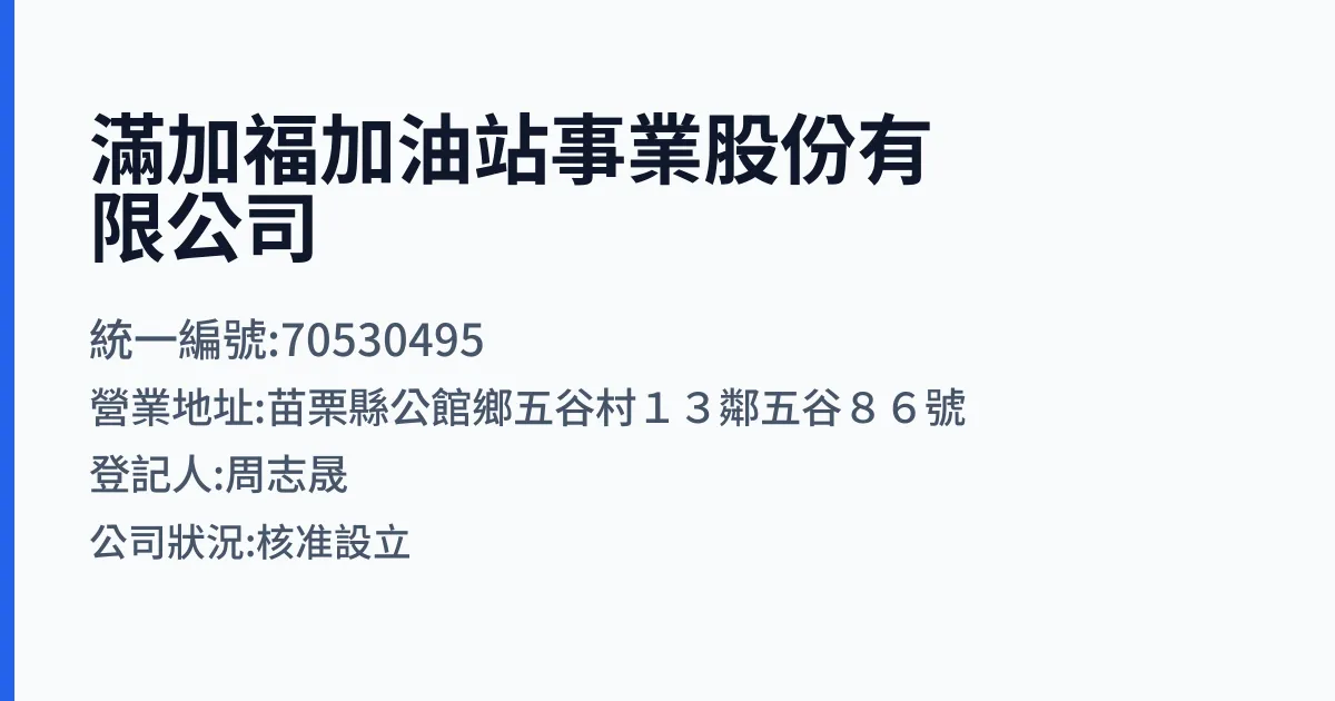 滿加福加油站事業股份有限公司 - 統編 70530495(苗栗縣) 公司登記資料與營業項目詳細圖表