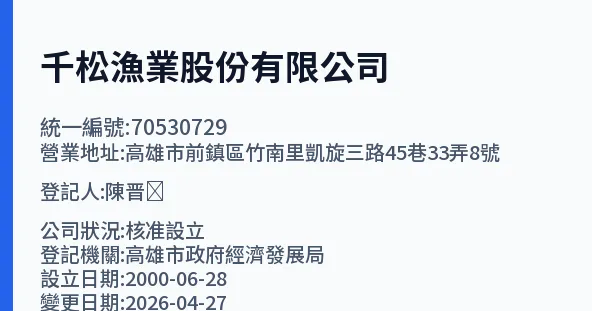 千松漁業股份有限公司的照片-統編 70530729(高雄市) 公司登記資料與營業項目詳細圖表