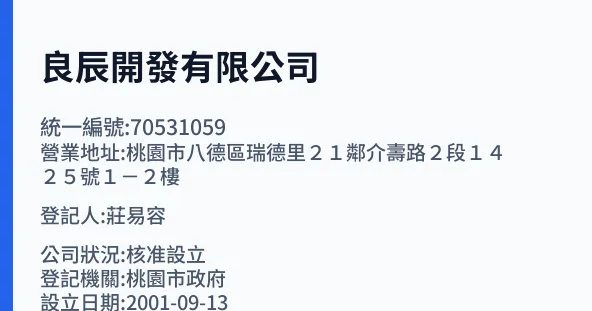 良辰開發有限公司的照片-統編 70531059(桃園市) 公司登記資料與營業項目詳細圖表