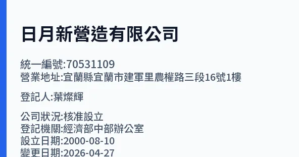 日月新營造有限公司的照片-統編 70531109(宜蘭縣) 公司登記資料與營業項目詳細圖表