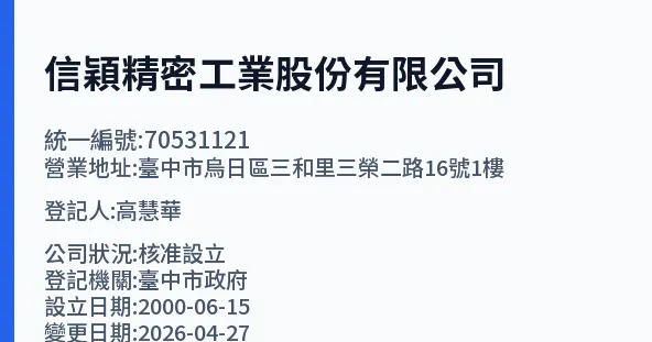 信穎精密工業股份有限公司的照片-統編 70531121(臺中市) 公司登記資料與營業項目詳細圖表