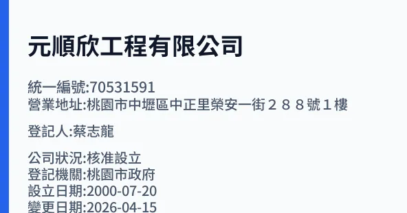 元順欣工程有限公司的照片-統編 70531591(桃園市) 公司登記資料與營業項目詳細圖表