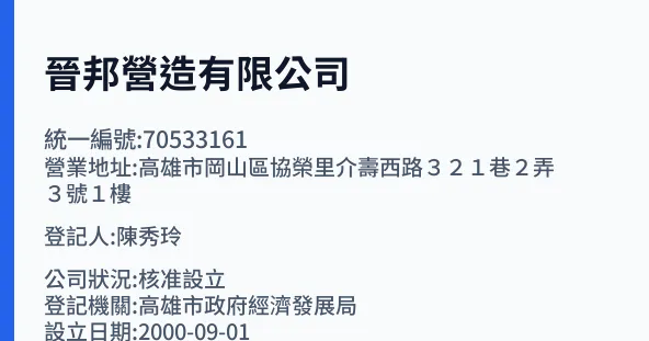 晉邦營造有限公司的照片-統編 70533161(高雄市) 公司登記資料與營業項目詳細圖表