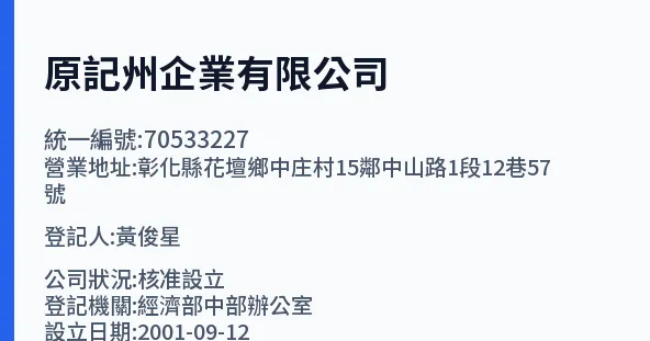 原記州企業有限公司的照片-統編 70533227(彰化縣) 公司登記資料與營業項目詳細圖表