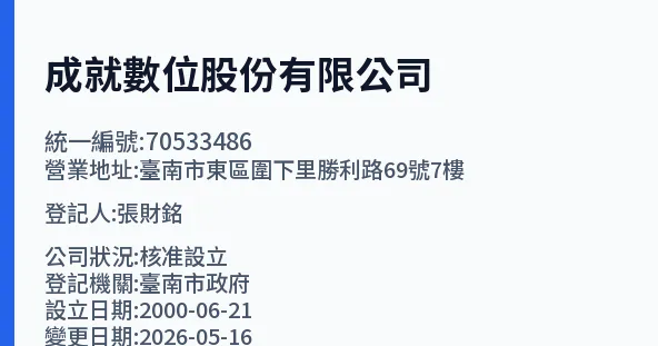 成就數位股份有限公司的照片-統編 70533486(臺南市) 公司登記資料與營業項目詳細圖表