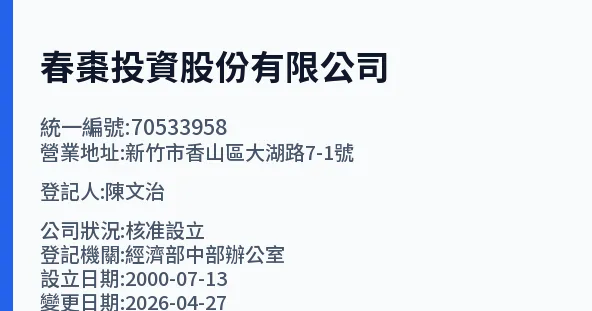 春棗投資股份有限公司的照片-統編 70533958(新竹市) 公司登記資料與營業項目詳細圖表