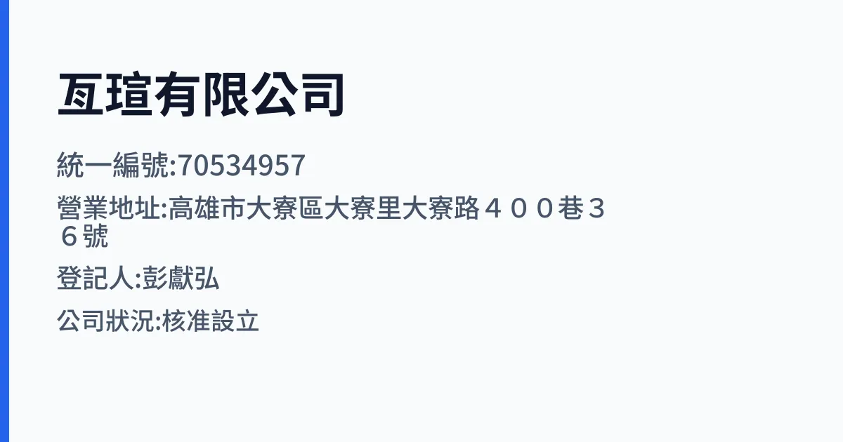 亙瑄有限公司 - 統編 70534957(高雄市) 公司登記資料與營業項目詳細圖表