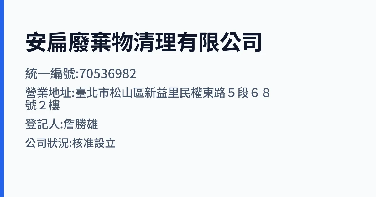 安扁廢棄物清理有限公司 - 統編 70536982(臺北市) 公司登記資料與營業項目詳細圖表