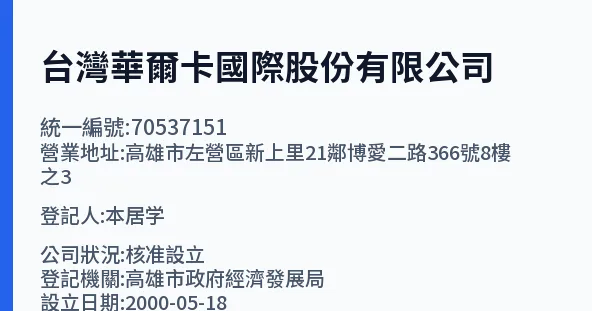台灣華爾卡國際股份有限公司的照片-統編 70537151(高雄市) 公司登記資料與營業項目詳細圖表