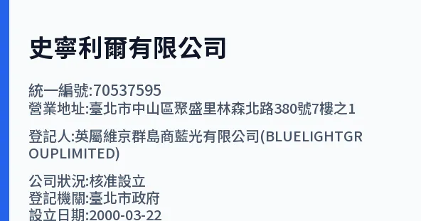 史寧利爾有限公司的照片-統編 70537595(臺北市) 公司登記資料與營業項目詳細圖表