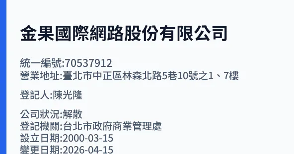 金果國際網路股份有限公司的照片-統編 70537912(臺北市) 公司登記資料與營業項目詳細圖表