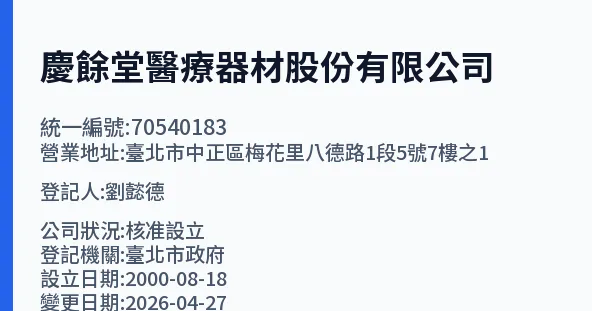 慶餘堂醫療器材股份有限公司的照片-統編 70540183(臺北市) 公司登記資料與營業項目詳細圖表