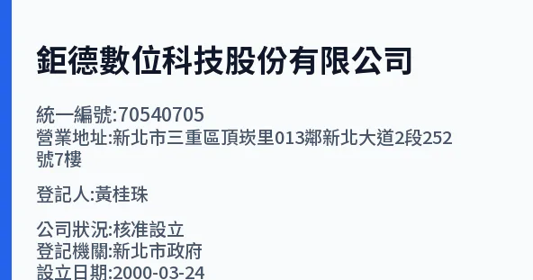 鉅德數位科技股份有限公司的照片-統編 70540705(新北市) 公司登記資料與營業項目詳細圖表