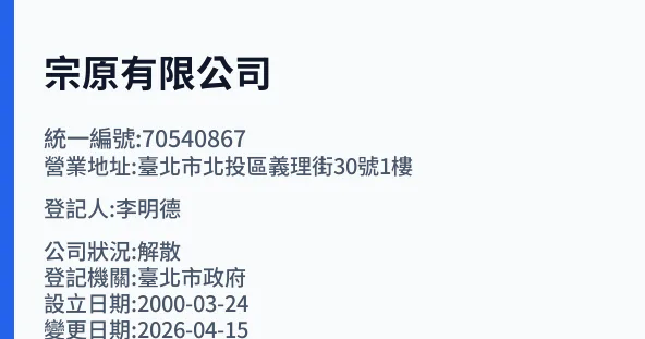 宗原有限公司的照片-統編 70540867(臺北市) 公司登記資料與營業項目詳細圖表