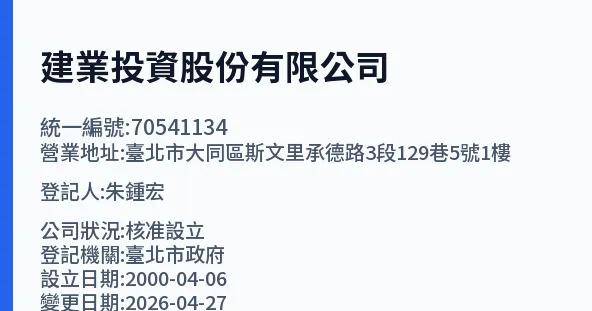 建業投資股份有限公司的照片-統編 70541134(臺北市) 公司登記資料與營業項目詳細圖表